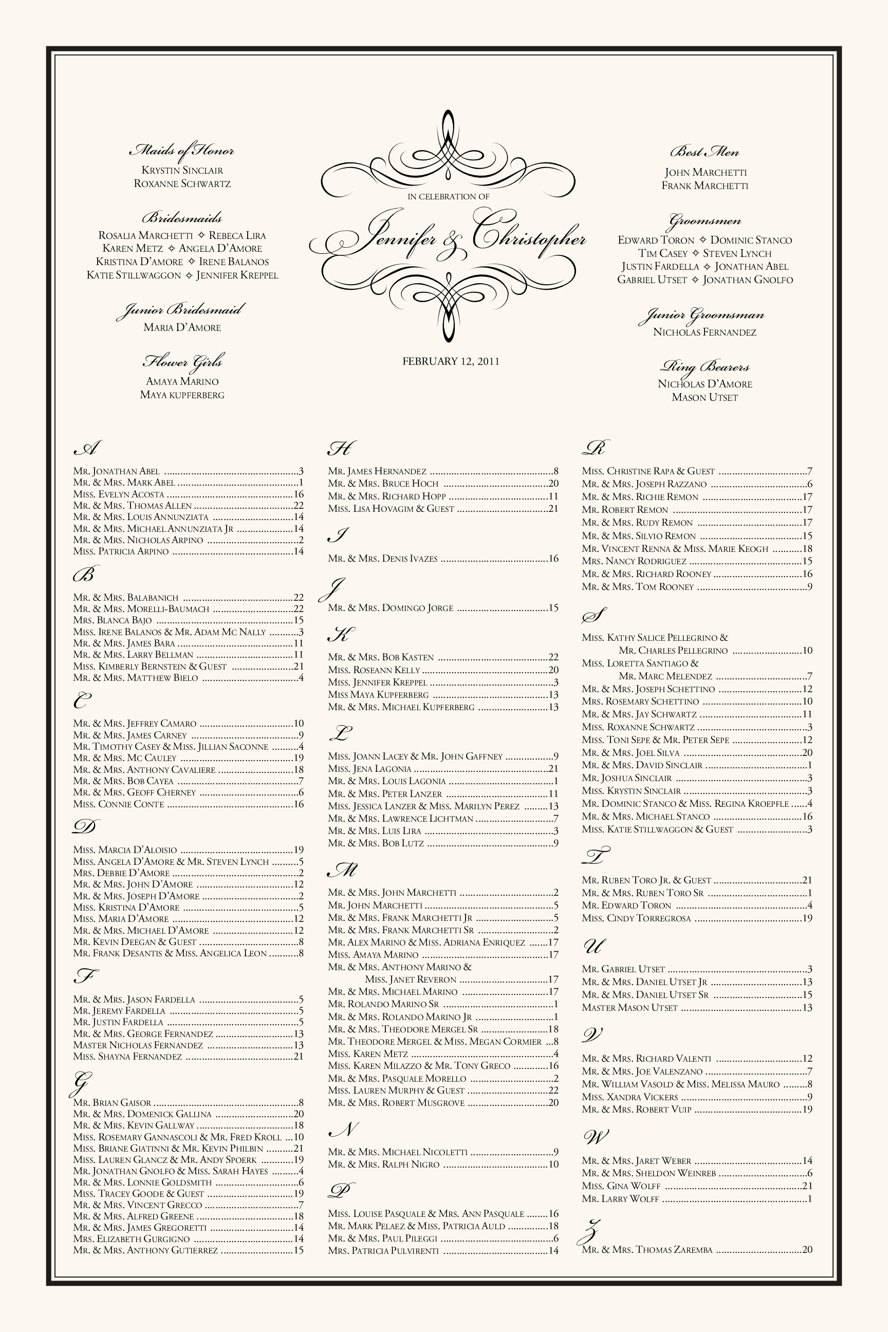Flourish Monogram 10 Wedding Seating Chart, Seating Arrangement Chart - Documents and Designs